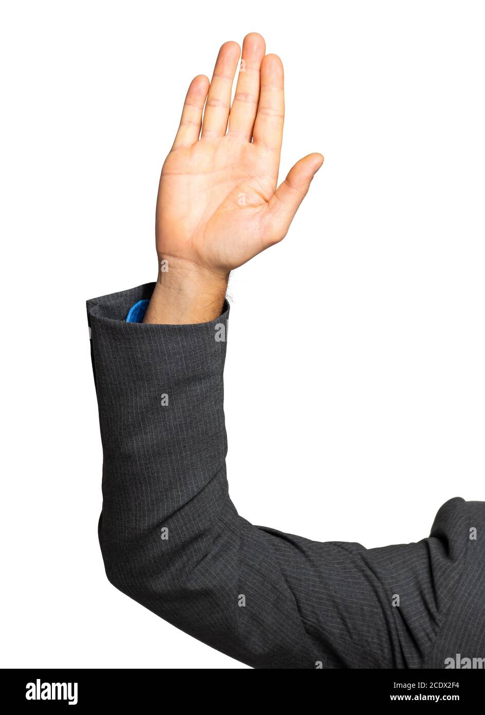 Businessman hand raised isolated on white Stock Photo - Alamy