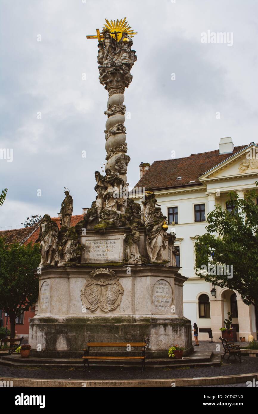 Magnificent baroque column in Sopron, Hungary. Holy trinity statue ...