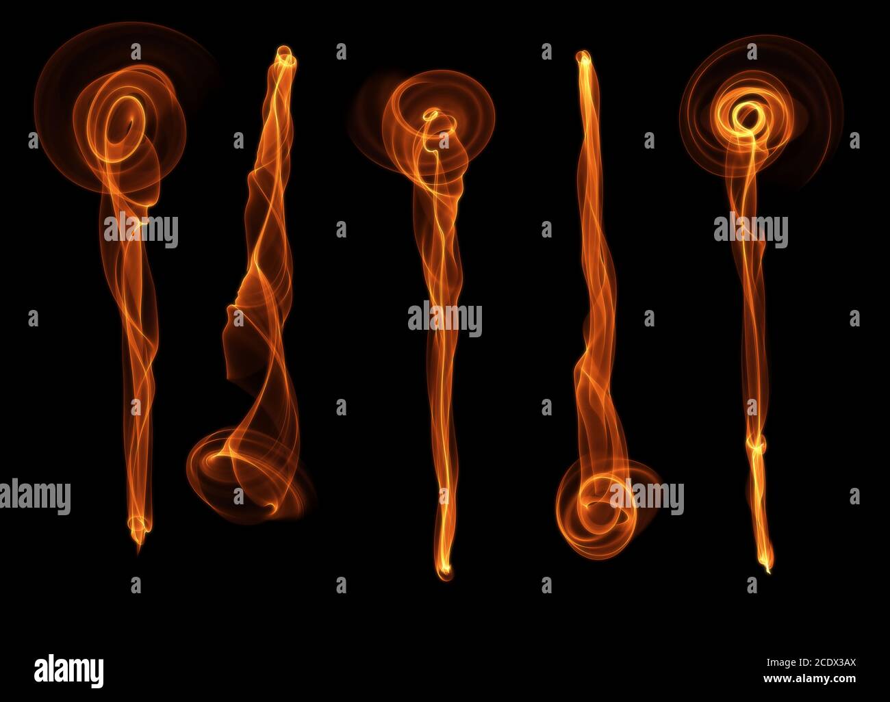 set of five abstract red orange smoke fire brushes flowers over black ...