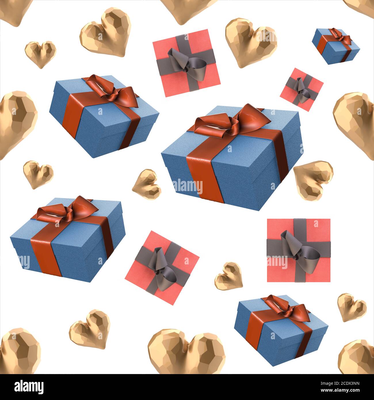 Christmas New Year colorful blue and red gift boxes and golden hearts ...