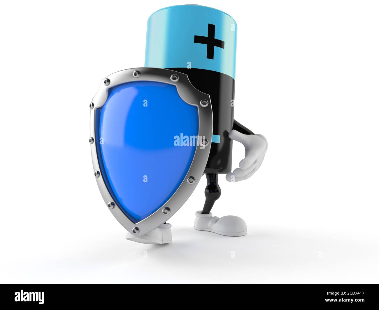 Battery character with protective shield isolated on white background ...