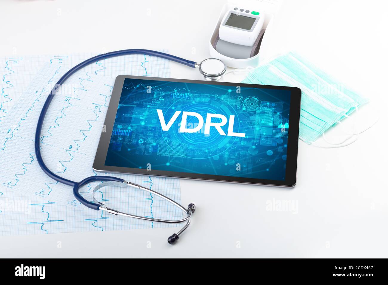 Close-up view of a tablet pc with VDRL abbreviation, medical concept ...