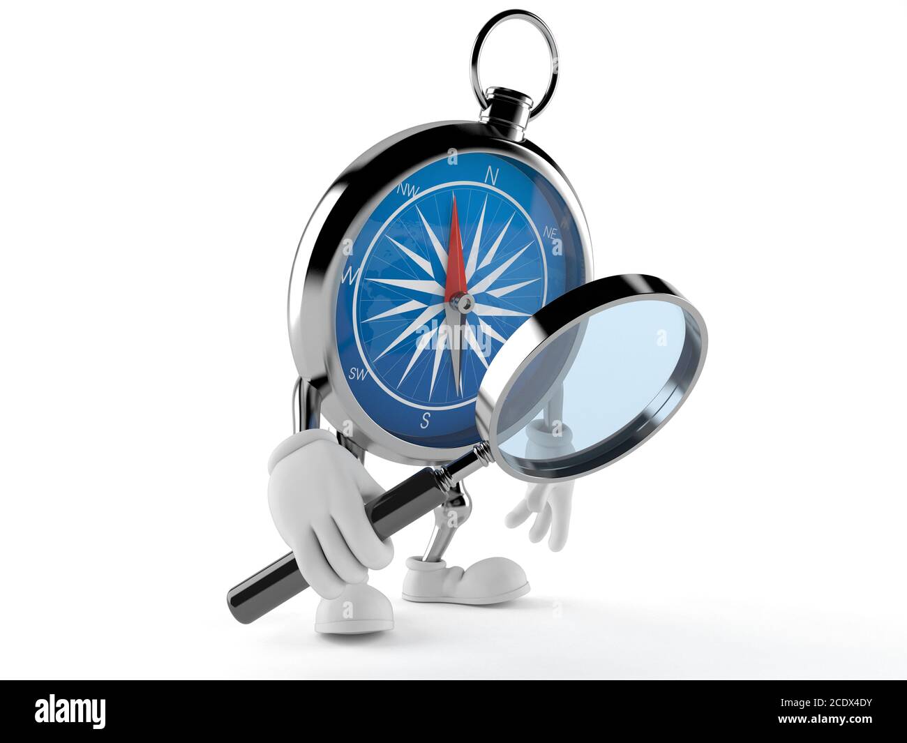 Compass character looking through magnifying glass isolated on white ...