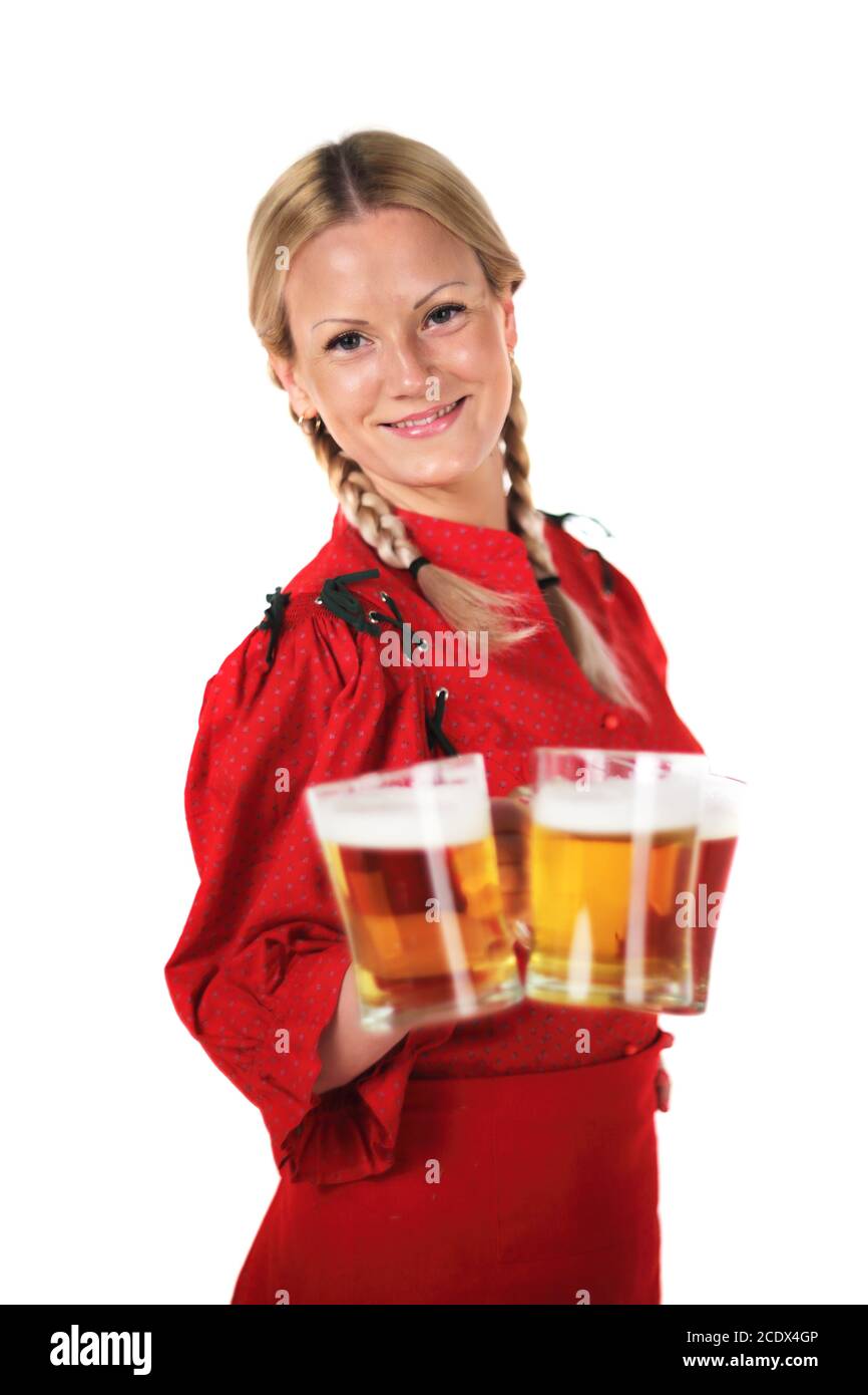 Beautiful Oktoberfest woman holding beer mug isolated on white ...