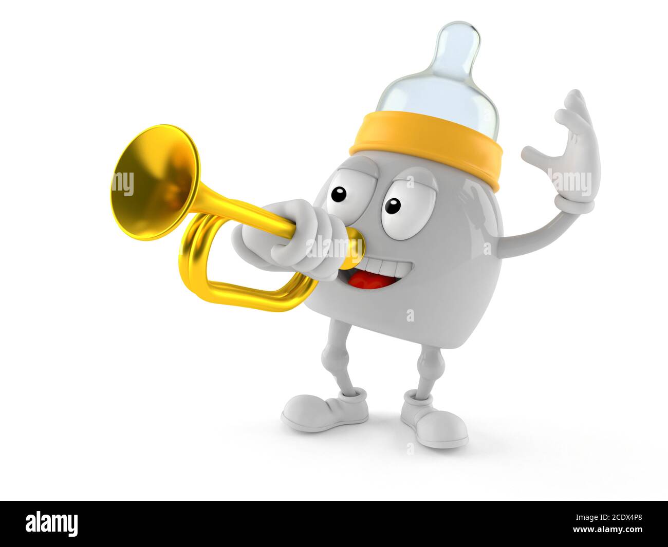 Baby bottle character playing the trumpet isolated on white background ...