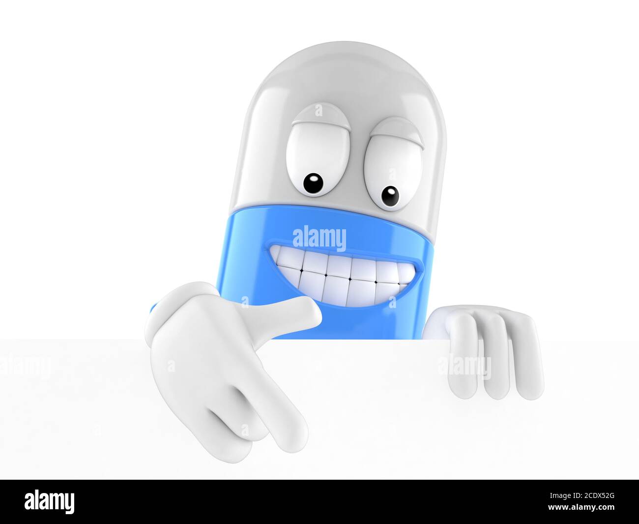 Pill character behind white board isolated on white background Stock ...