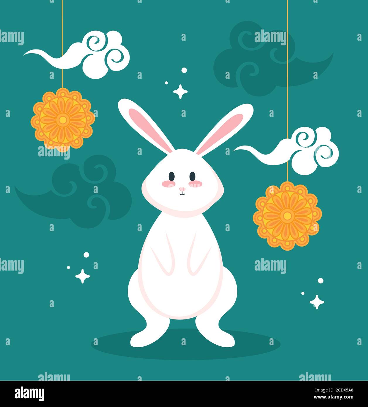 rabbit with mooncakes and clouds of happy mid autumn festival vector ...