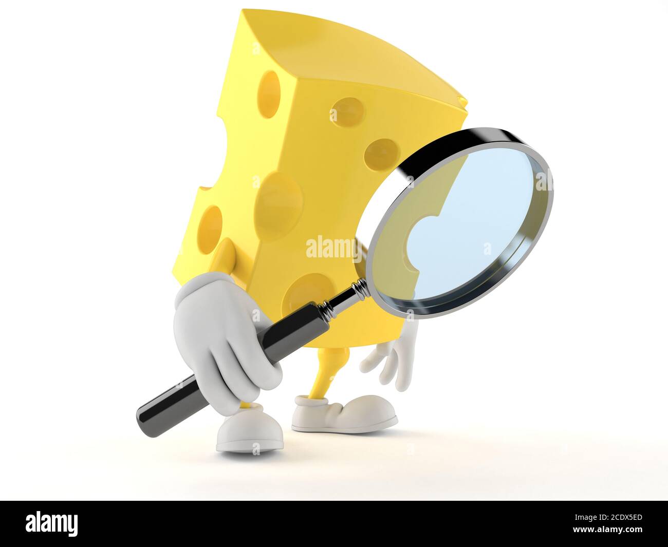 Cheese character looking through magnifying glass isolated on white ...
