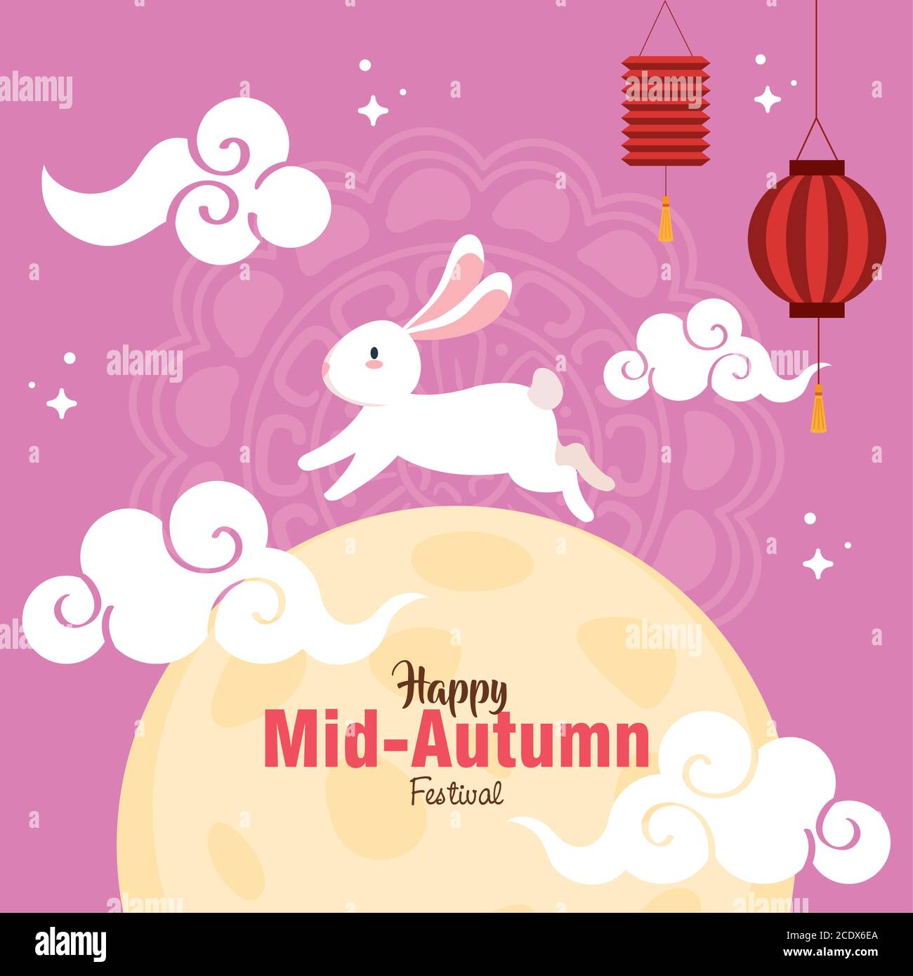 rabbit with moon and lanterns of happy mid autumn festival vector ...