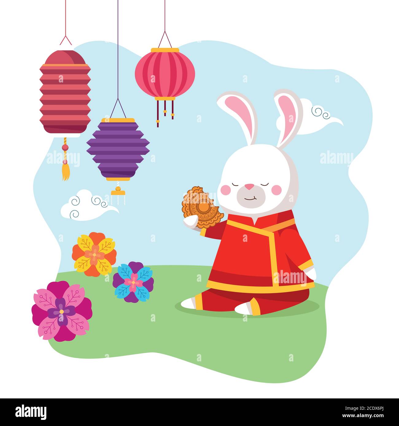 rabbit cartoon in traditional cloth with mooncake and lanterns design ...