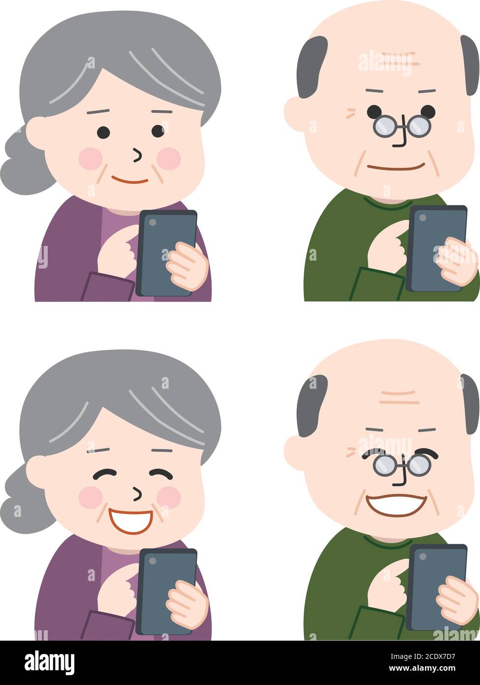 Set of smiling elderly people using mobile phone. Vector illustration ...