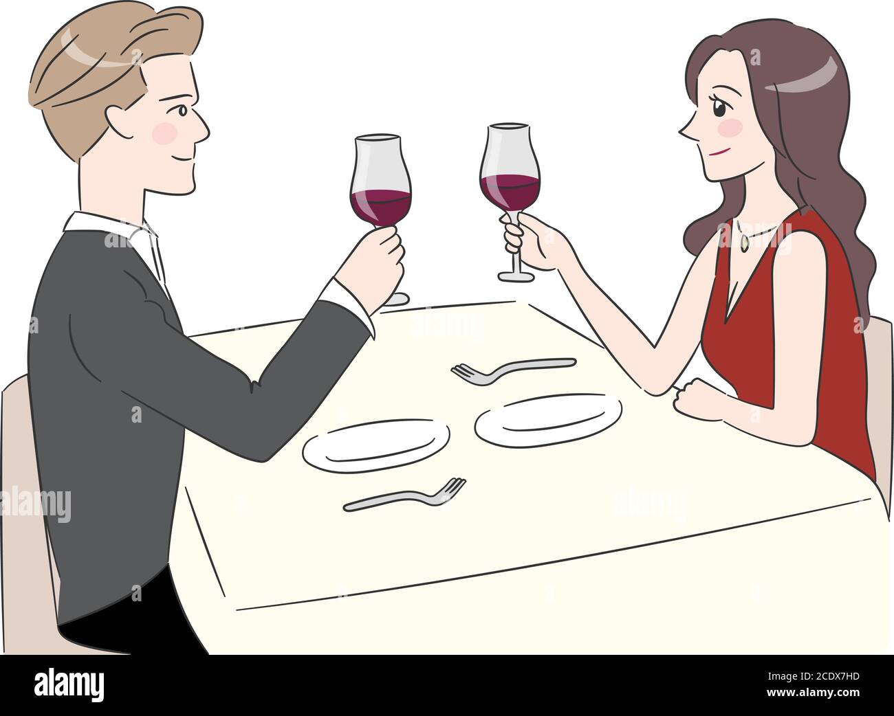 Couple raising a toast at restaurant. Vector illustration isolated on ...