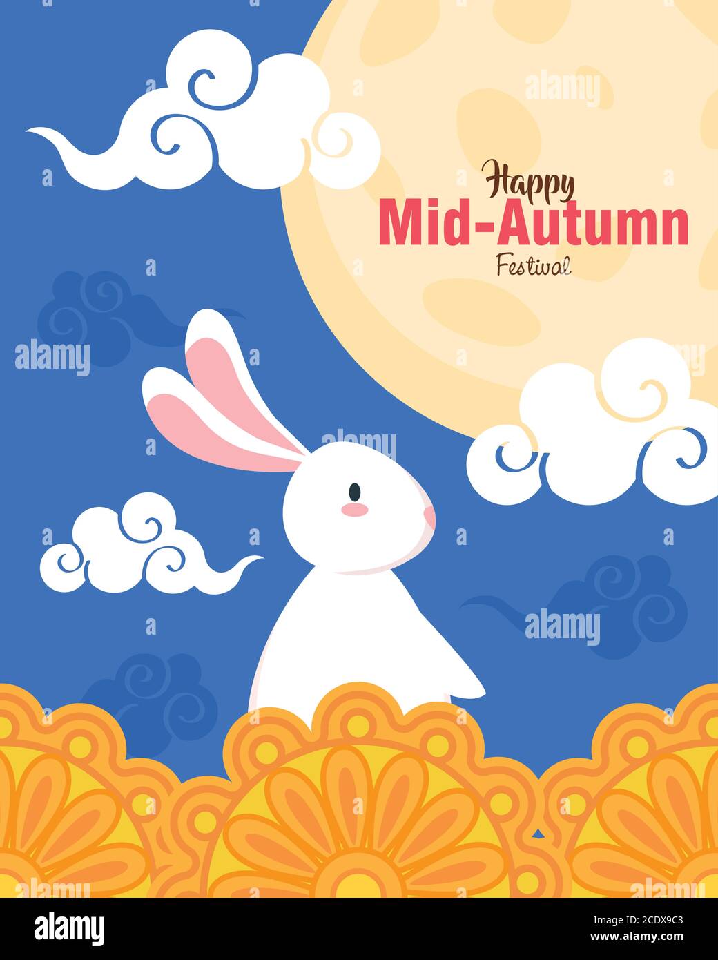 rabbit with mooncakes and clouds of happy mid autumn festival vector ...