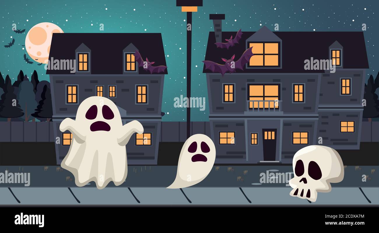 Halloween ghosts and skull cartoons at night design, Holiday and scary ...