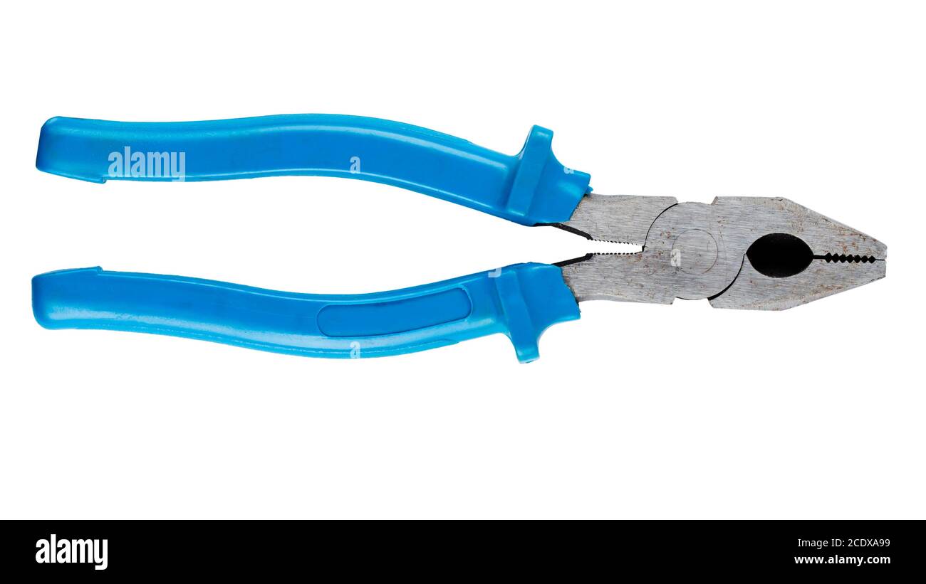 Old pliers with rubber grips in blue on a white background. Top view ...