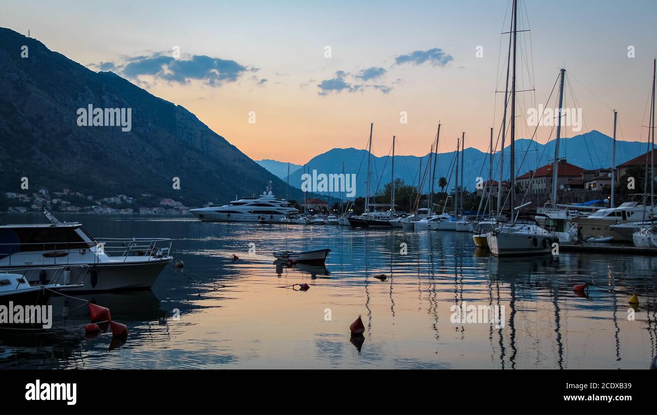Twilight over the harbour of the Old Town of Kotor, a UNESCO World ...
