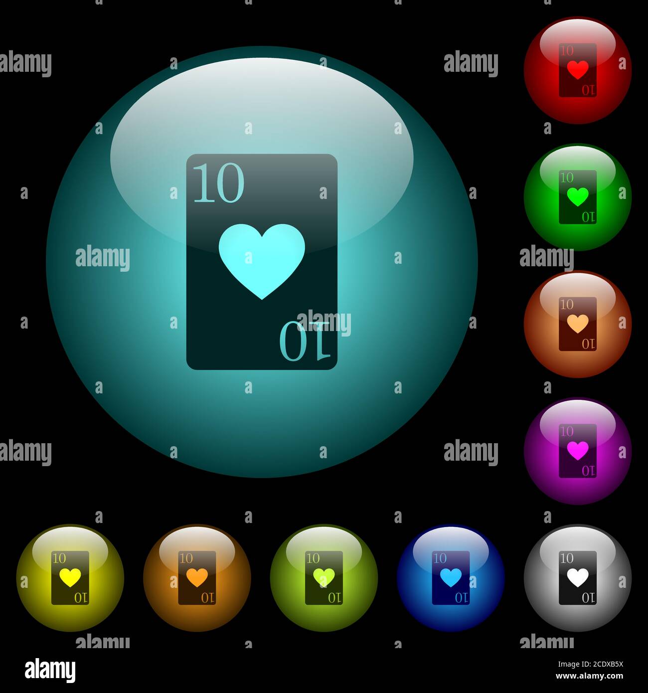 Ten of hearts card icons in color illuminated spherical glass buttons ...