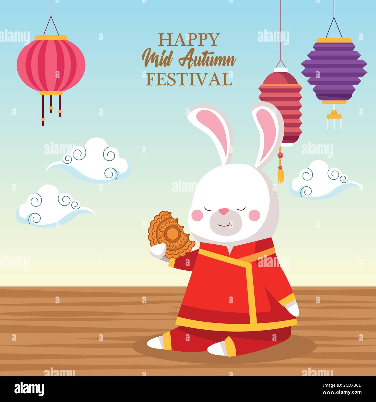 rabbit cartoon in traditional cloth with mooncake and lanterns design ...
