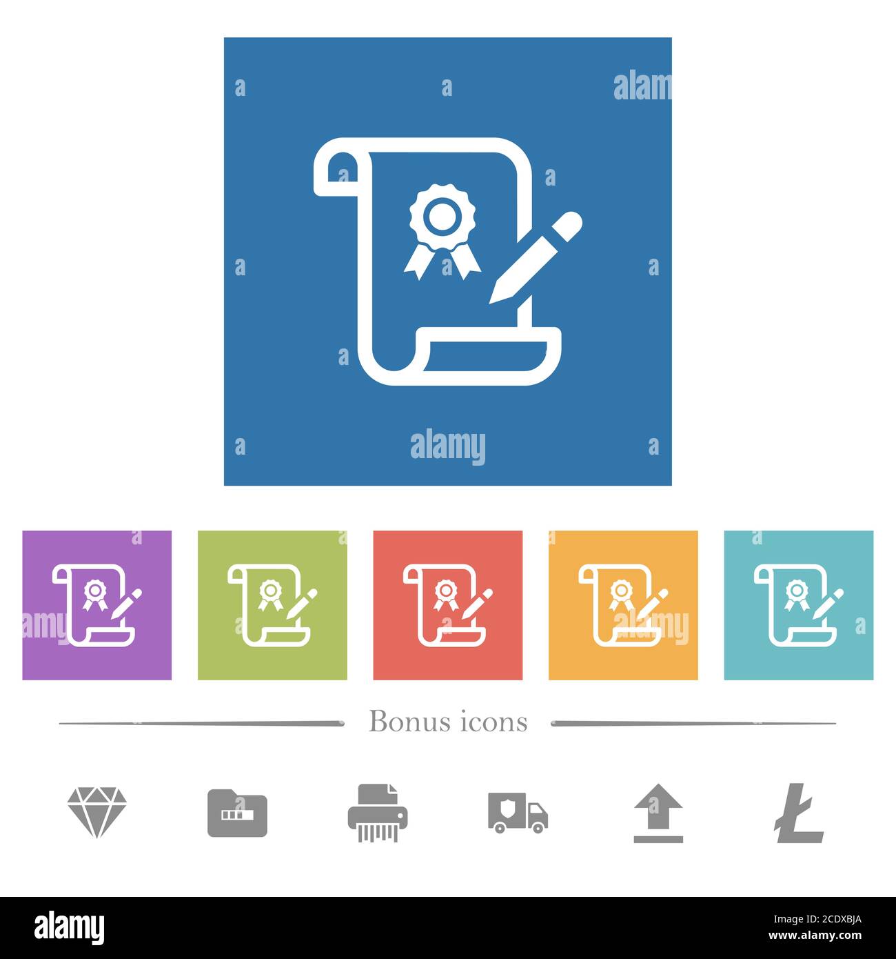 Signing certificate flat white icons in square backgrounds. 6 bonus ...