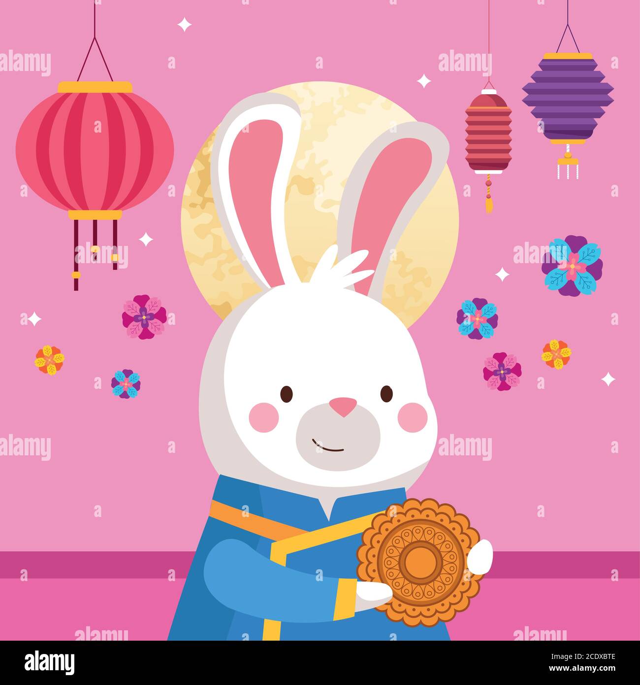 rabbit cartoon in traditional cloth mooncake moon and lanterns design, Happy mid autumn harvest ...