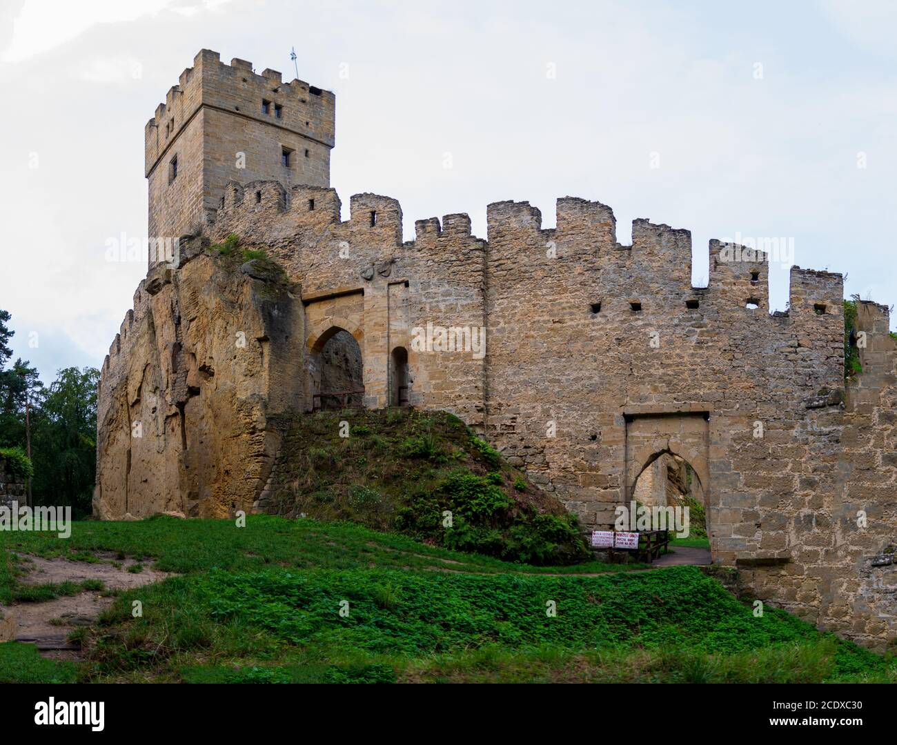View on the keep and battlement ring wall of historical ruin of castle ...