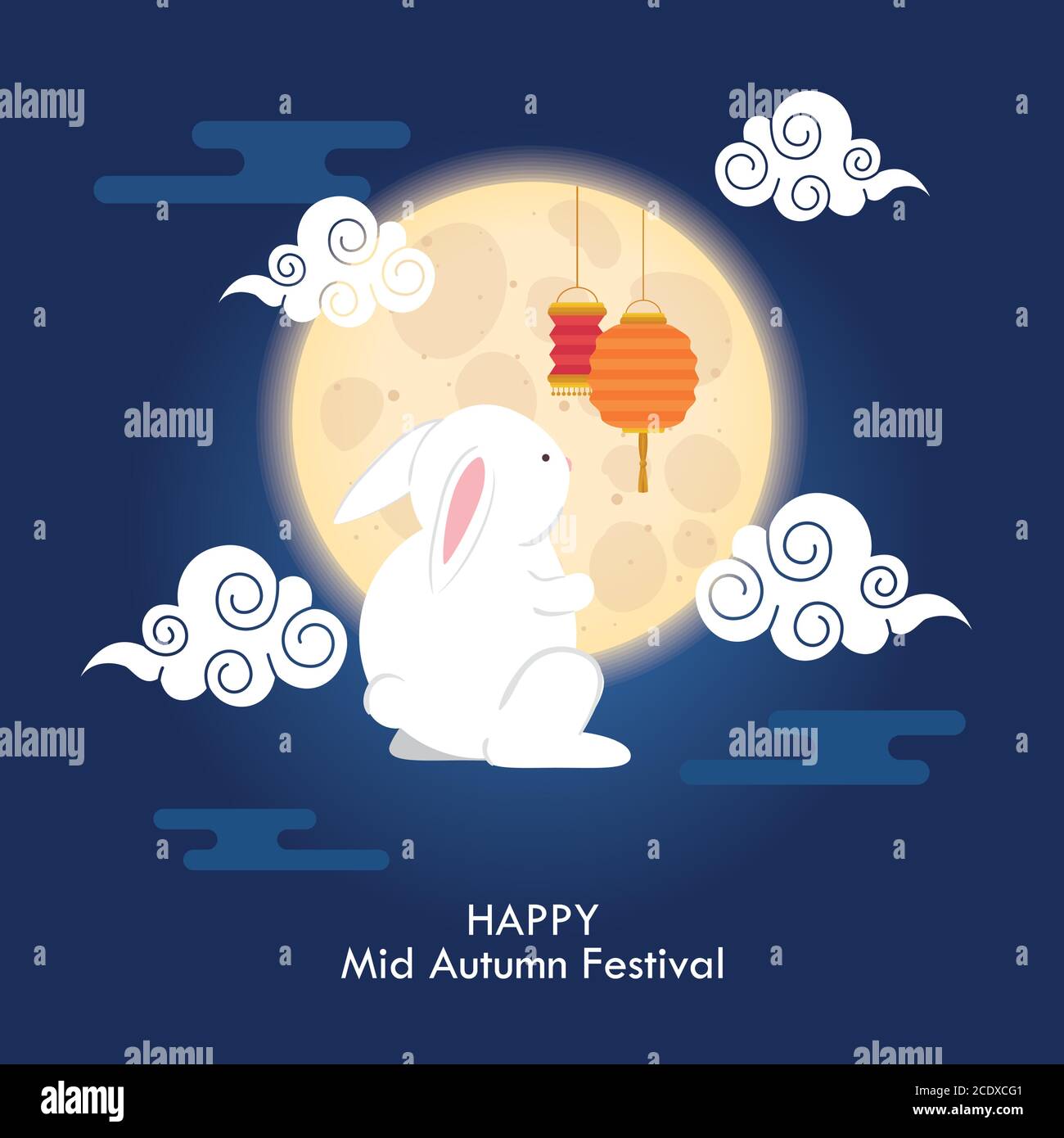 rabbit with moon clouds and lanterns of happy mid autumn festival ...