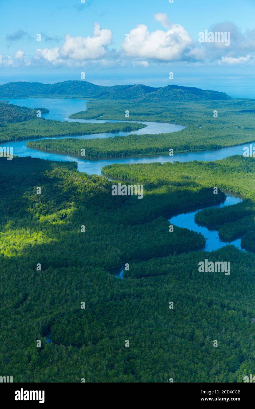 Aerial view of Delta Sierpe River Terraba, Corcovado National Park, Osa ...
