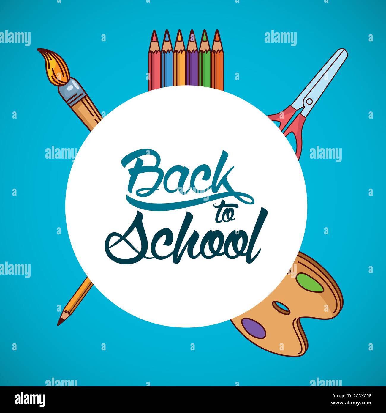 paint brush palette scissor and colored pencils design, Back to school ...
