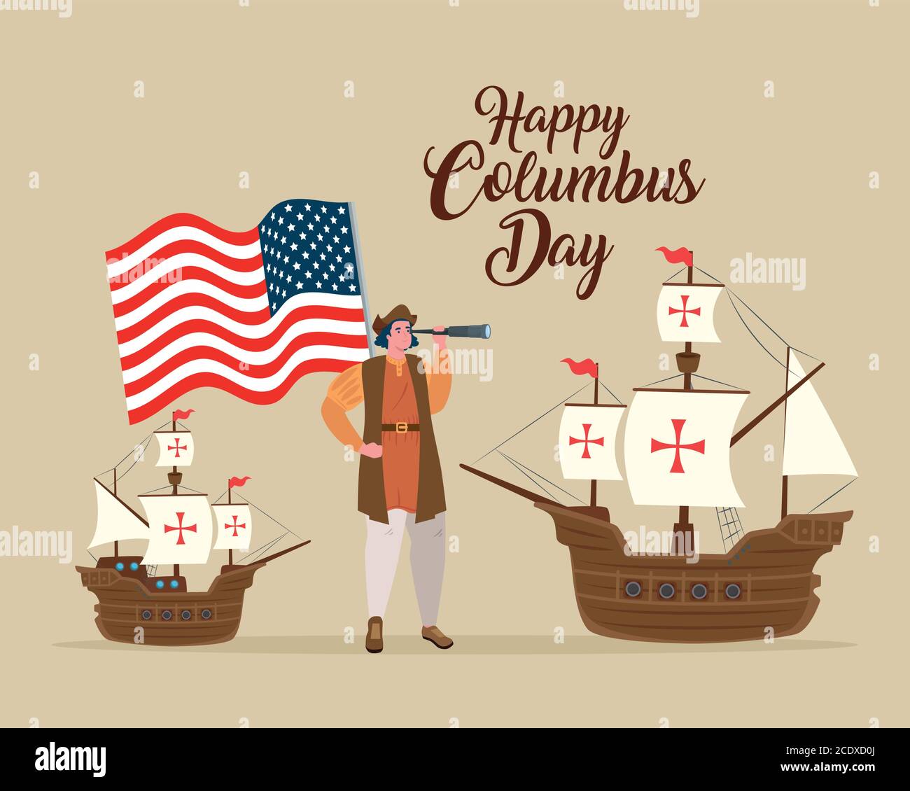 Christopher Columbus cartoon with ships and usa flags vector design ...