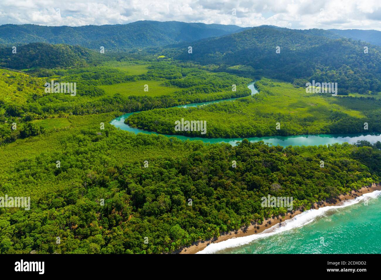 Aerial view of Delta Sierpe River Terraba, Corcovado National Park, Osa ...