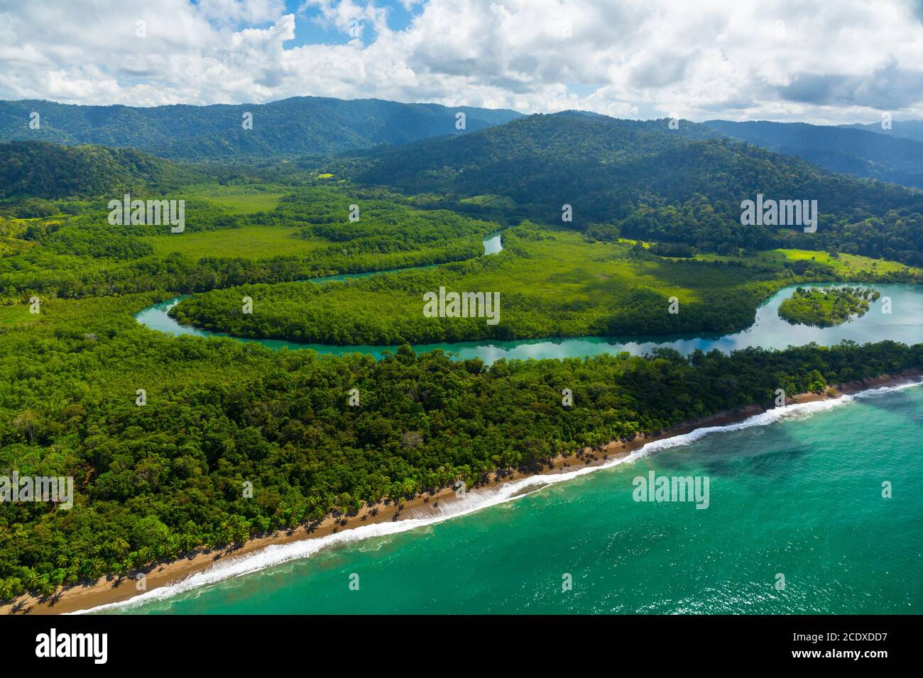 Aerial view of Delta Sierpe River Terraba, Corcovado National Park, Osa ...
