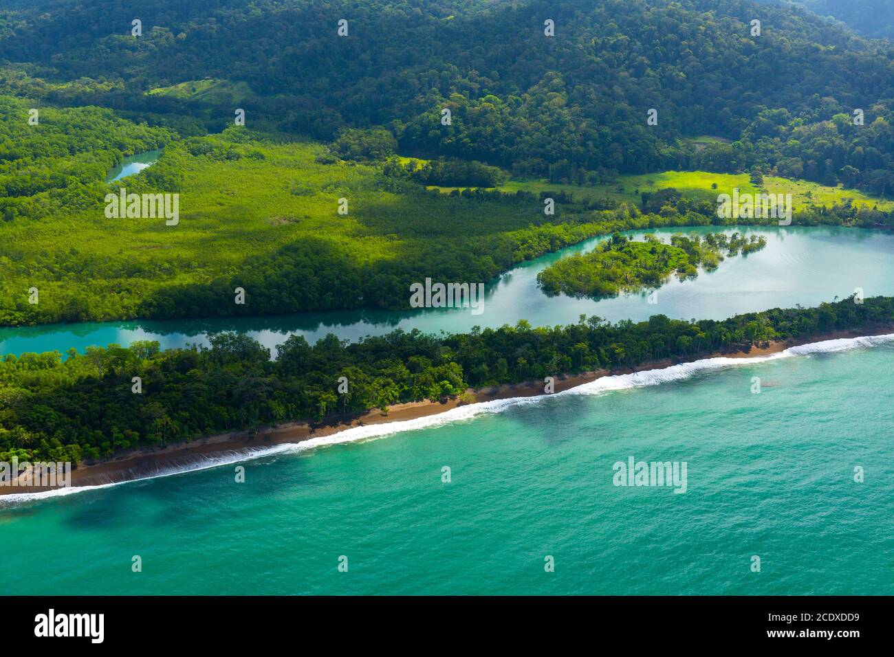 Aerial view of Delta Sierpe River Terraba, Corcovado National Park, Osa ...