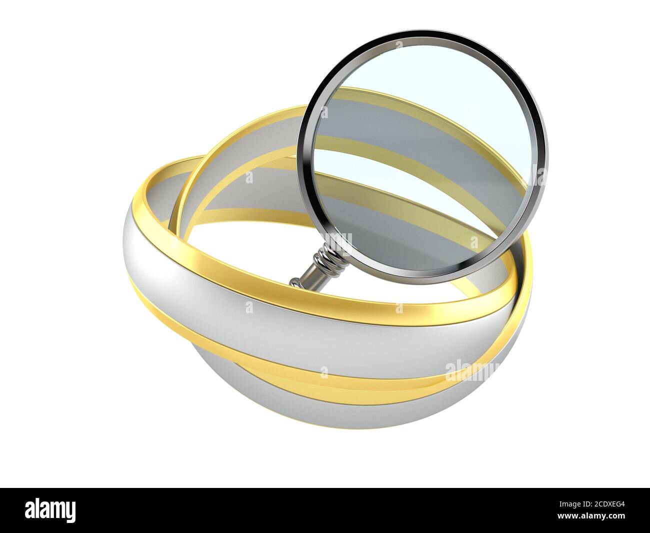 Wedding rings with magnifying glass isolated on white background Stock ...