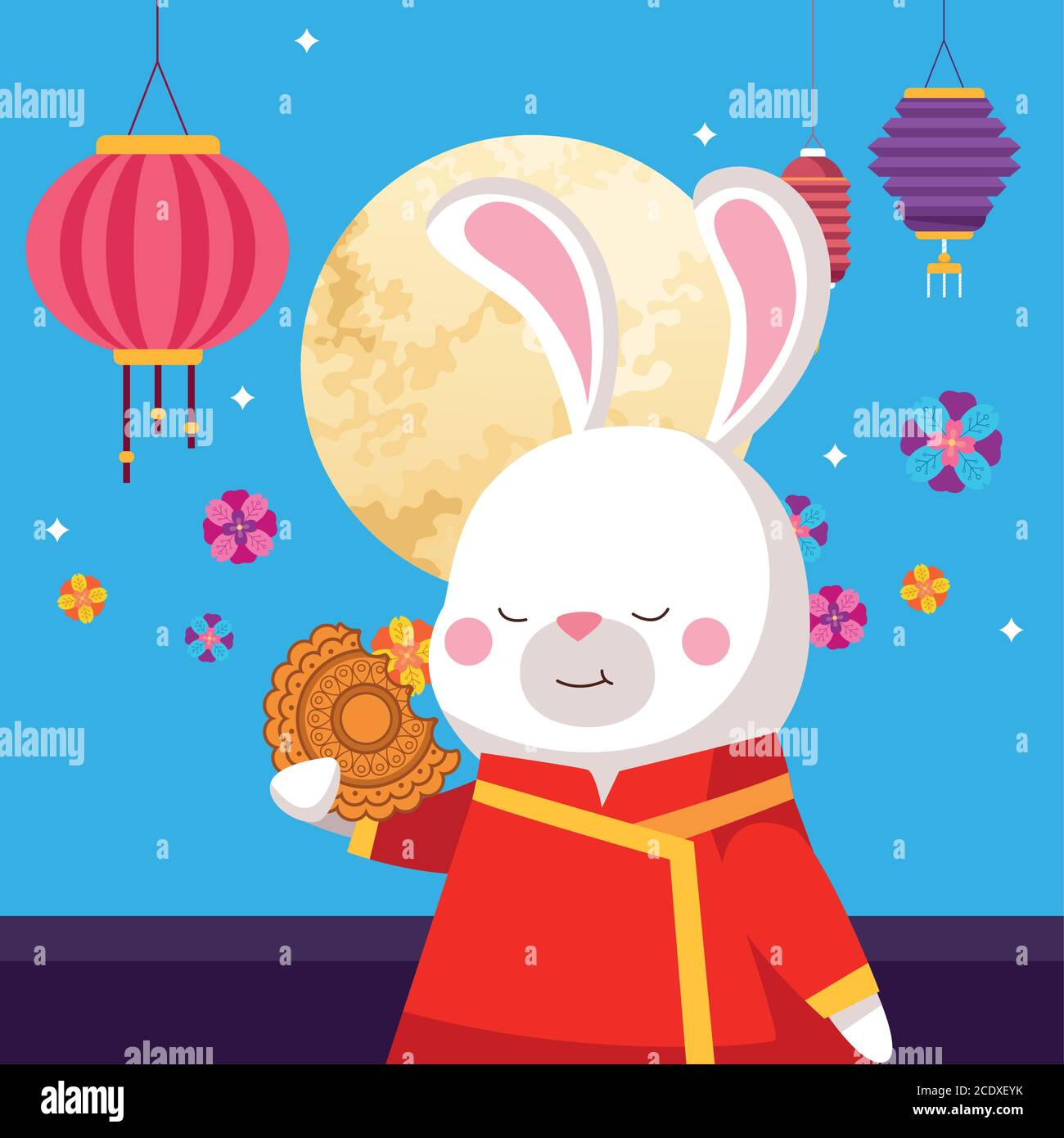 rabbit cartoon in traditional cloth mooncake moon and lanterns design ...