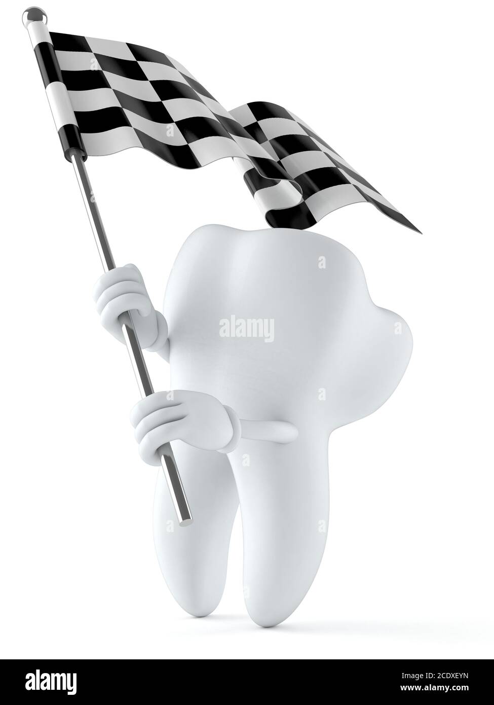 Tooth character with racing flag isolated on white background Stock ...