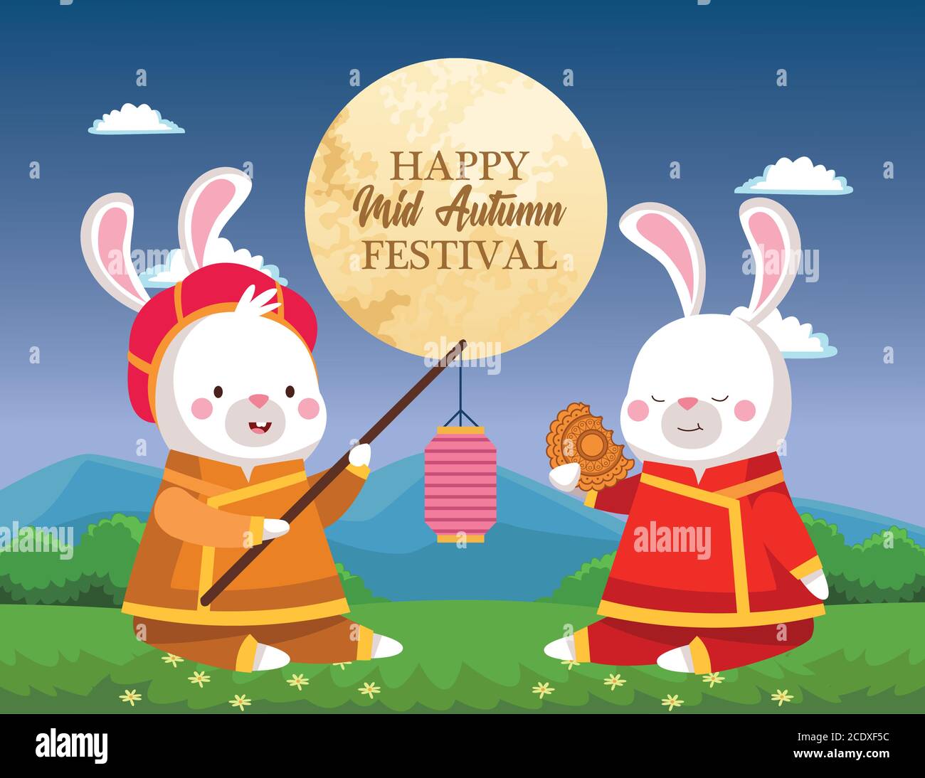 rabbits cartoons in traditional cloth with lantern and mooncake design, Happy mid autumn harvest ...