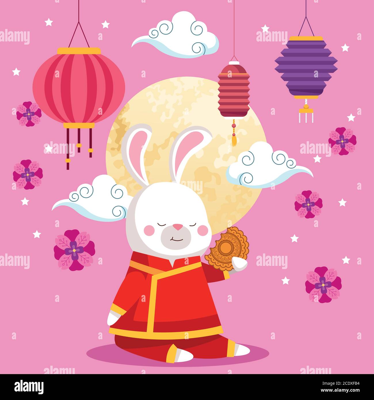 rabbit cartoon in traditional cloth mooncake moon and lanterns design ...