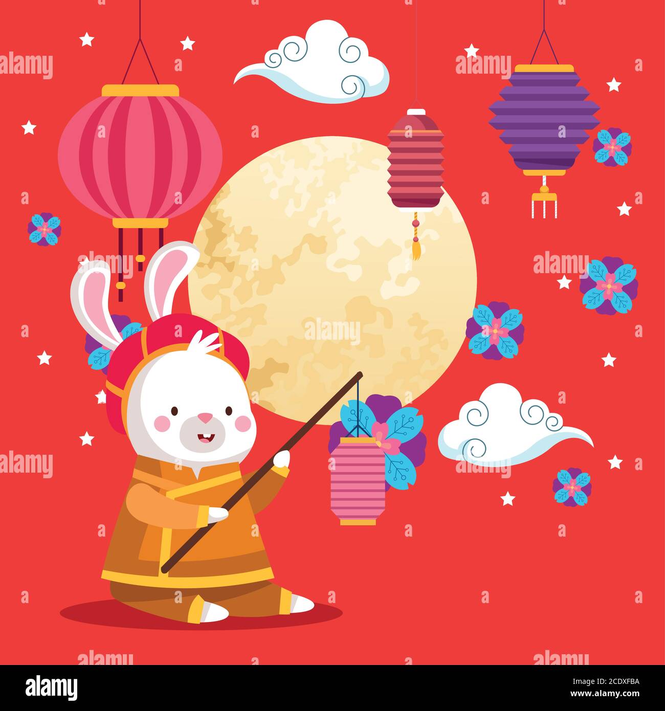 rabbit cartoon in traditional cloth with lantern and moon design, Happy mid autumn harvest ...