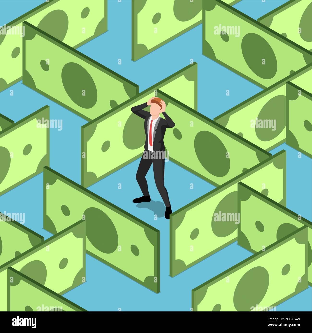 Flat 3d isometric businessman stuck in dollar banknote maze. Financial ...