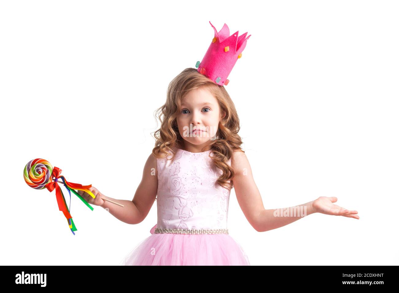 Beautiful little candy princess girl in crown holding big lollipop and ...