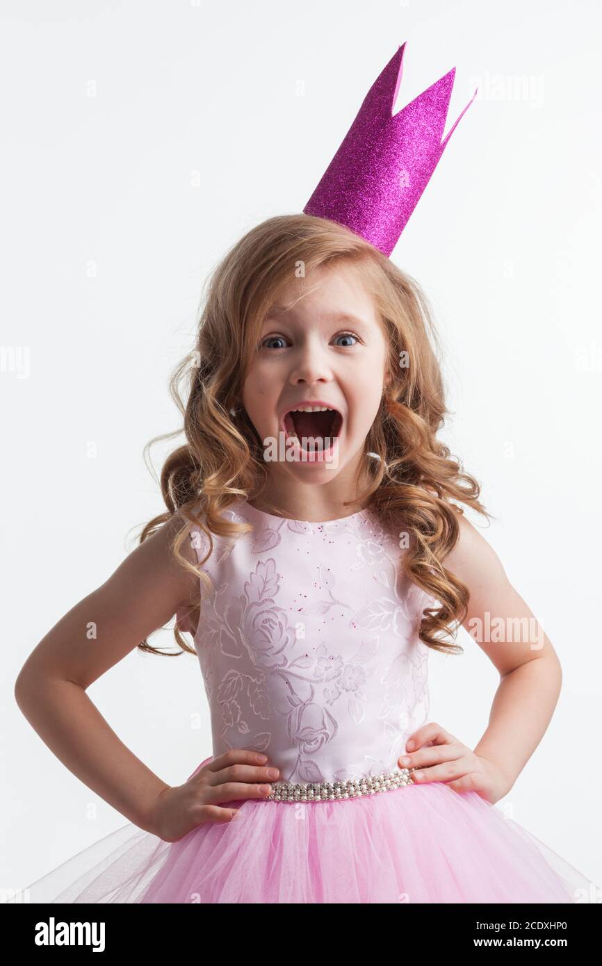 Little cute girl in halloween princess costume isolated on white ...