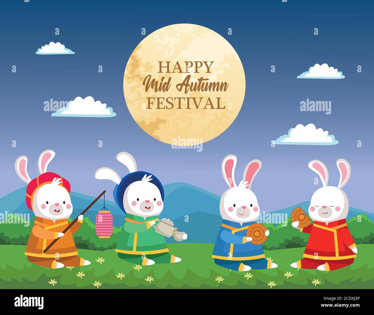 rabbits cartoons in traditional cloth with lantern tea pot cup and ...