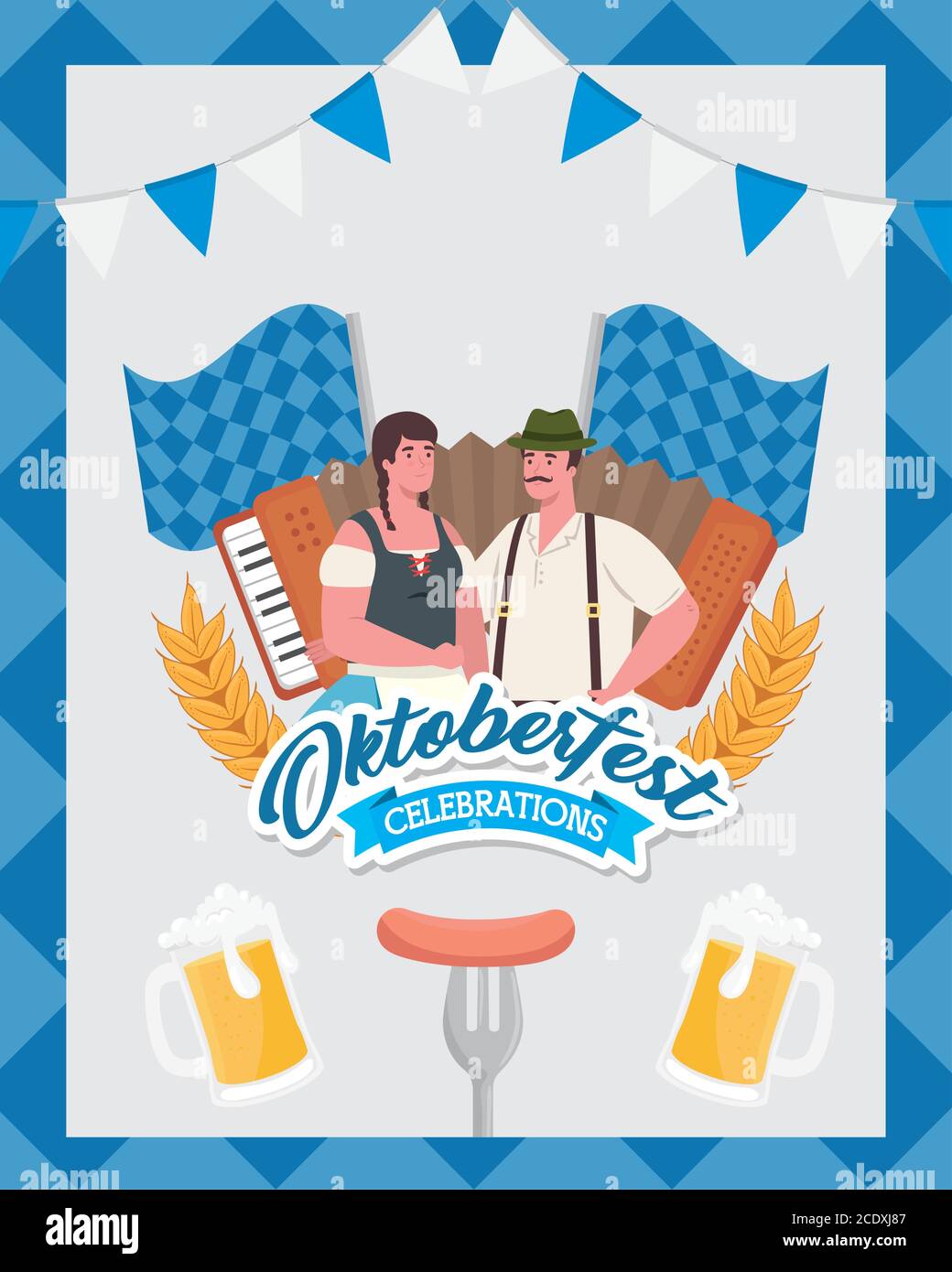 oktoberfest man and woman cartoons with traditional cloth and flags ...