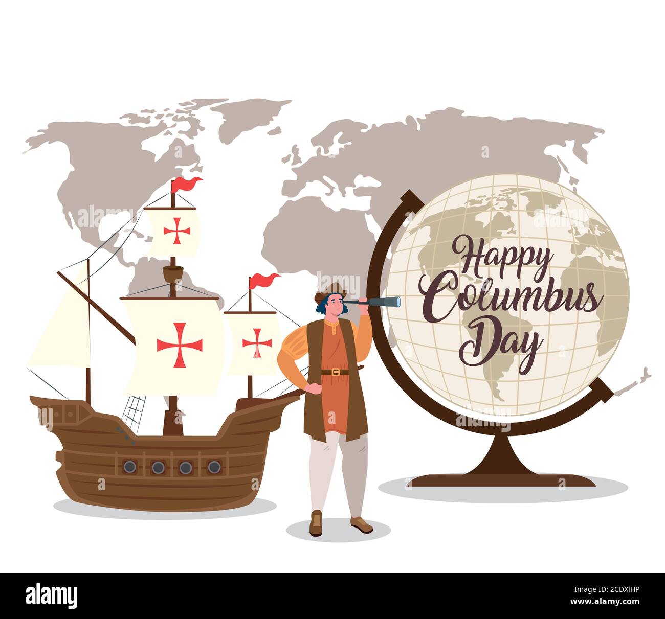 Christopher Columbus cartoon with ship and world sphere vector design ...