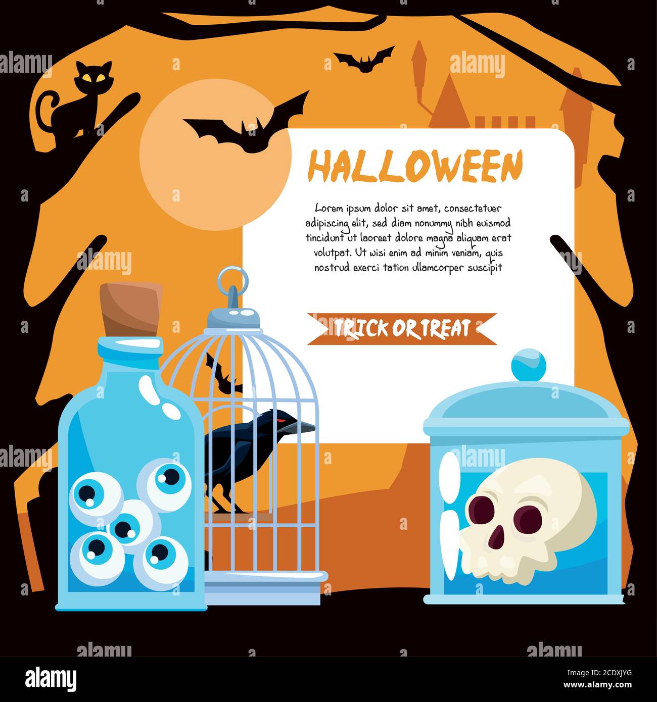 Halloween jars with skull raven eyes and banner design, Holiday and ...