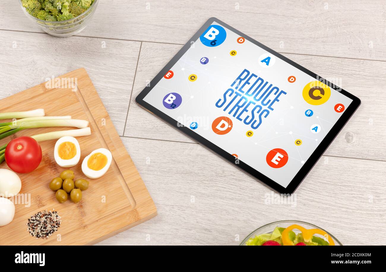 Healthy Tablet Pc compostion with REDUCE STRESS inscription, weight ...