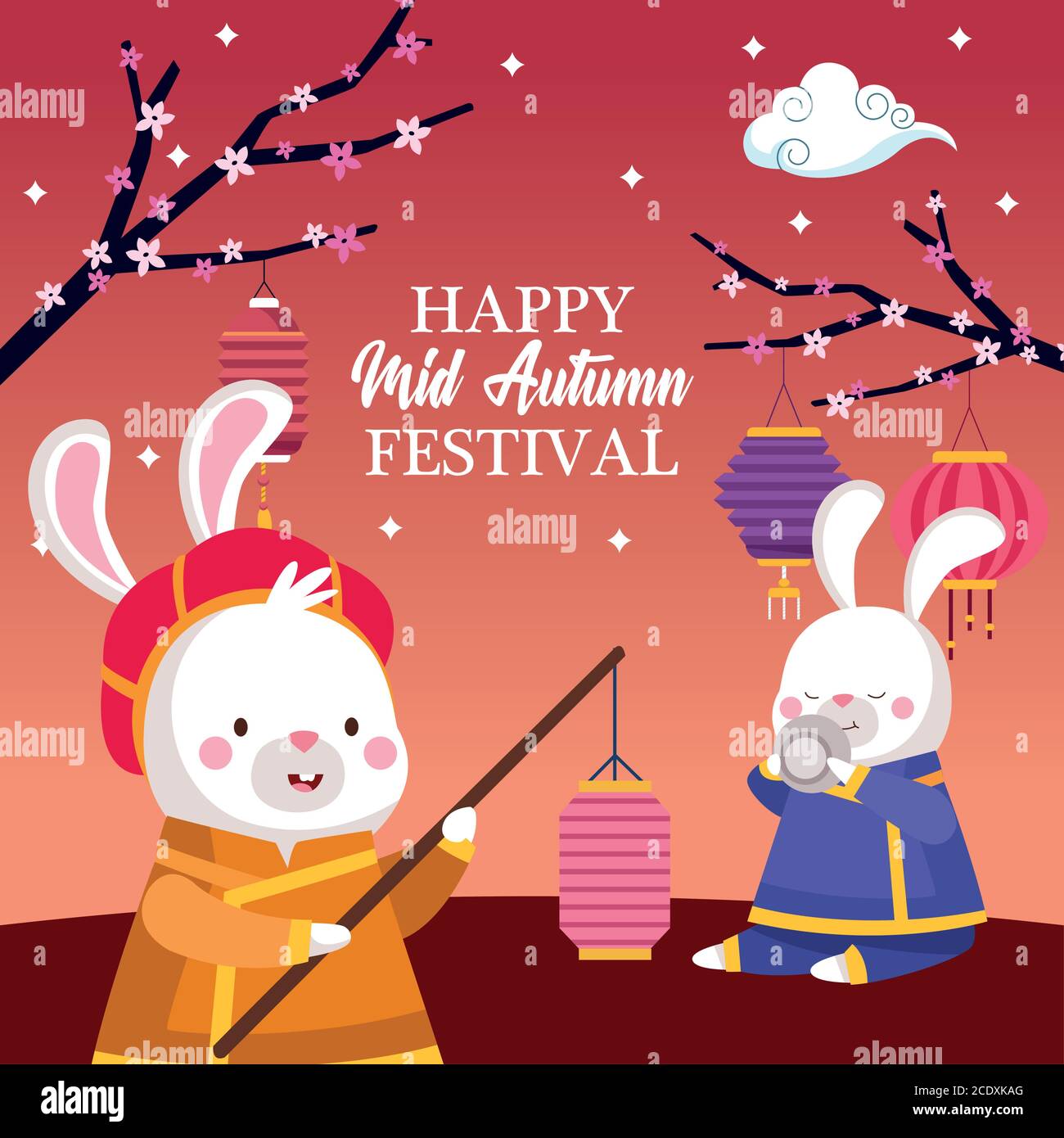 rabbits cartoons in traditional cloth with lanterns and tea cup design ...