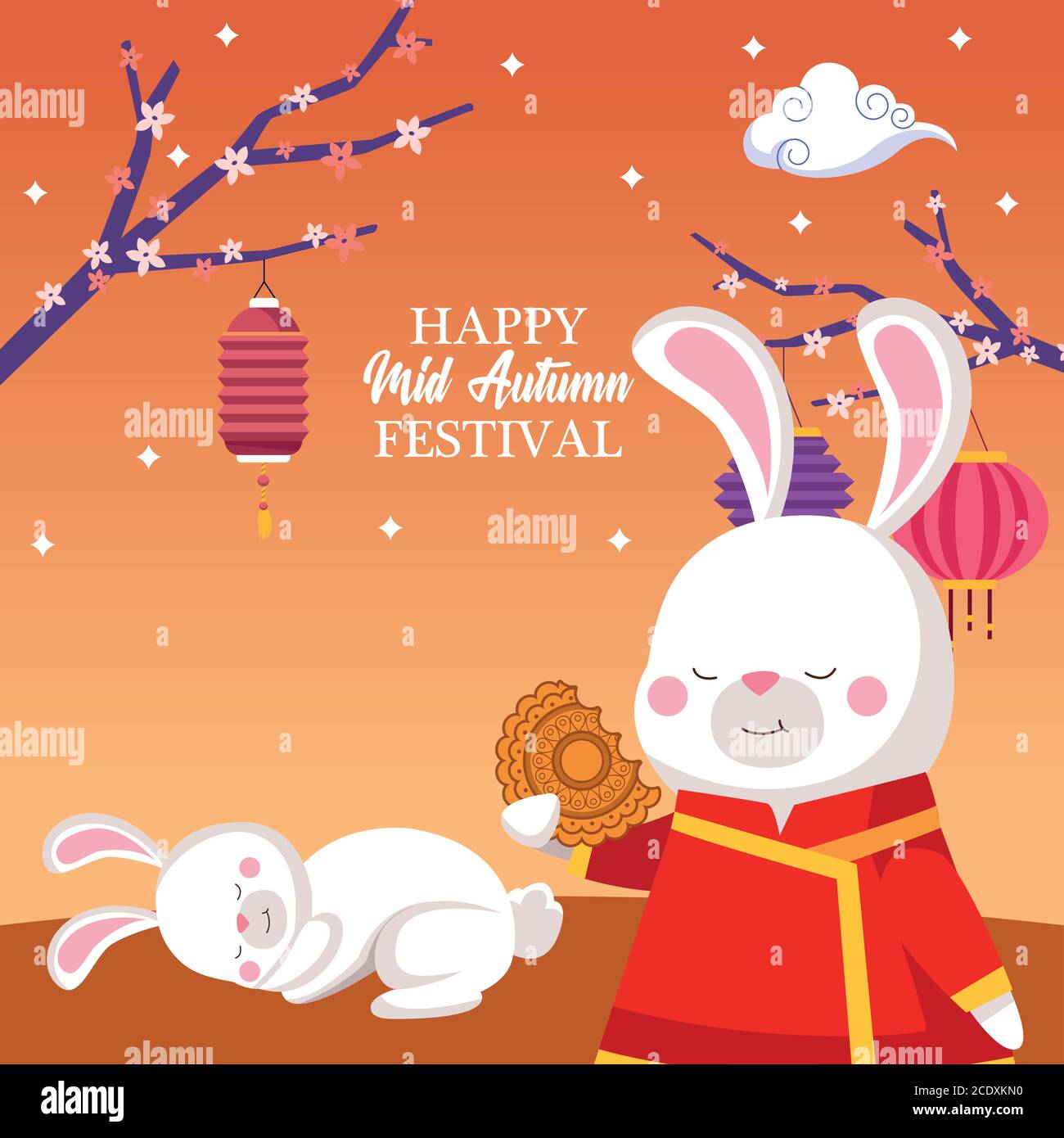 rabbits cartoons in traditional cloth with mooncake and lanterns design, Happy mid autumn ...