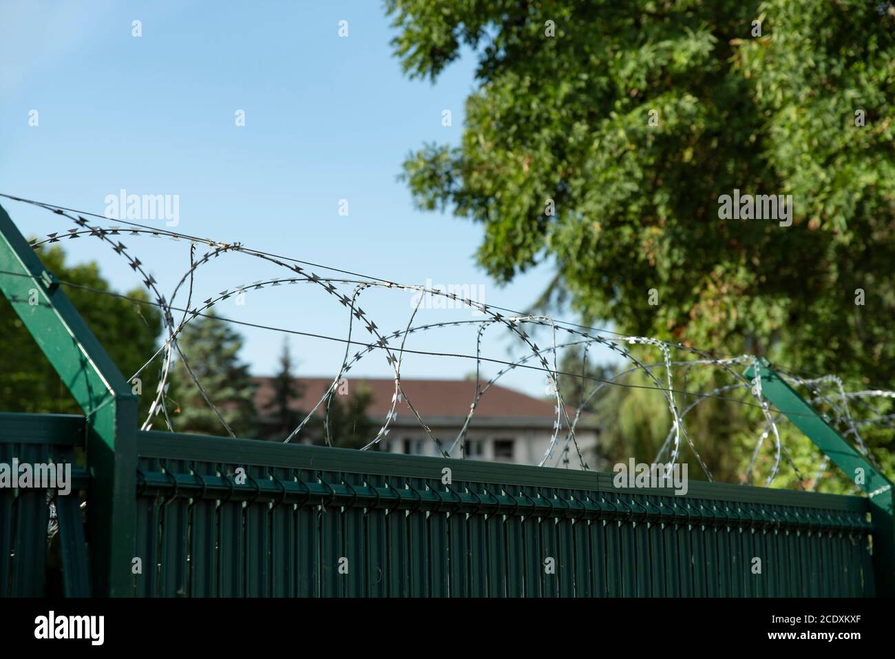 Barbed wire on a security fence Stock Photo - Alamy