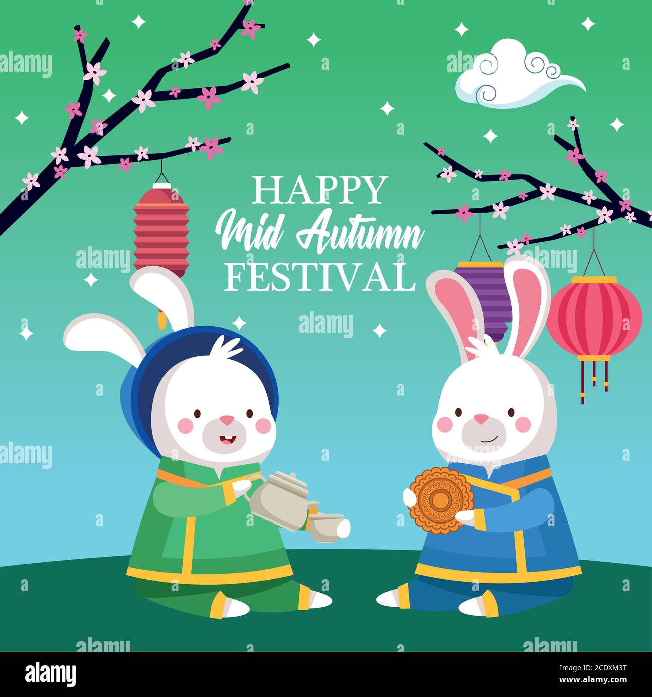 rabbits cartoons in traditional cloth with tea pot cup mooncake and lanterns design, Happy mid ...